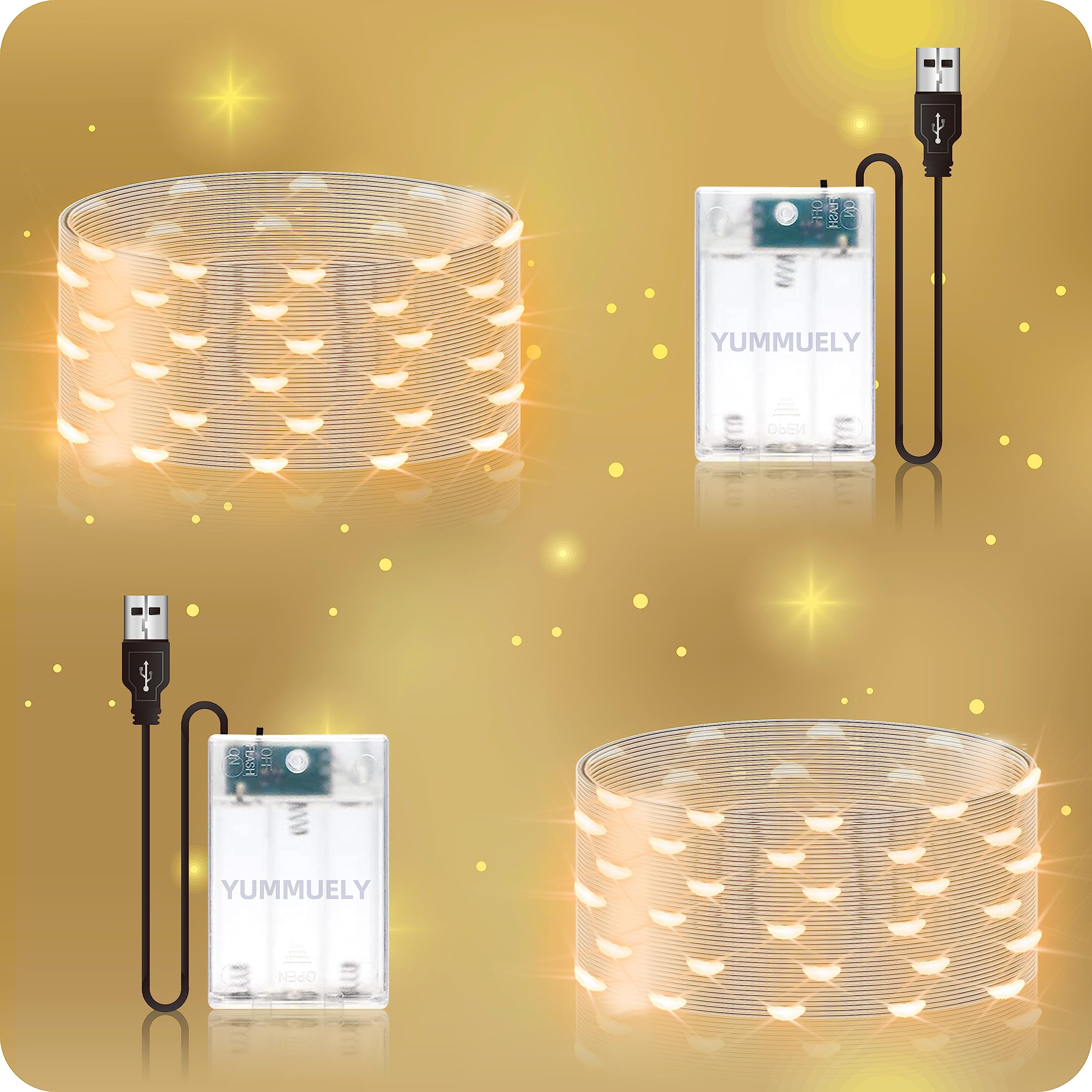 2 Pack Fairy Lights Battery Operated & USB Powered 16Ft 50 LED Mini String Lights with 2 Modes Silver Wire Indoor Twinkle Firefly Light Warm White Starry Decoration for Bedroom Wedding Christmas Party