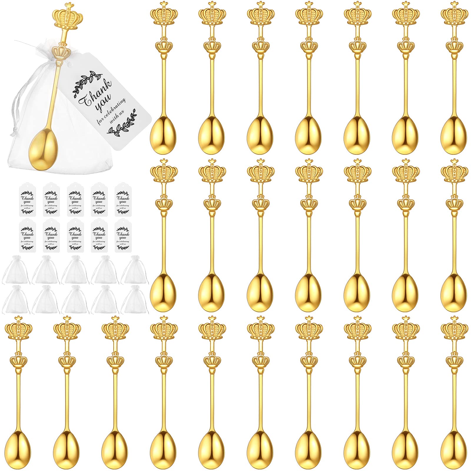 24 Set Gold Stainless Steel Coffee Cake Spoons Crown Teaspoon Long Handle Stirring Spoon with 24 Pcs Tags and Bags Drinking Dessert Ice Cream Spoon for Wedding Bridal Shower Gift Guest Tea Party Favor