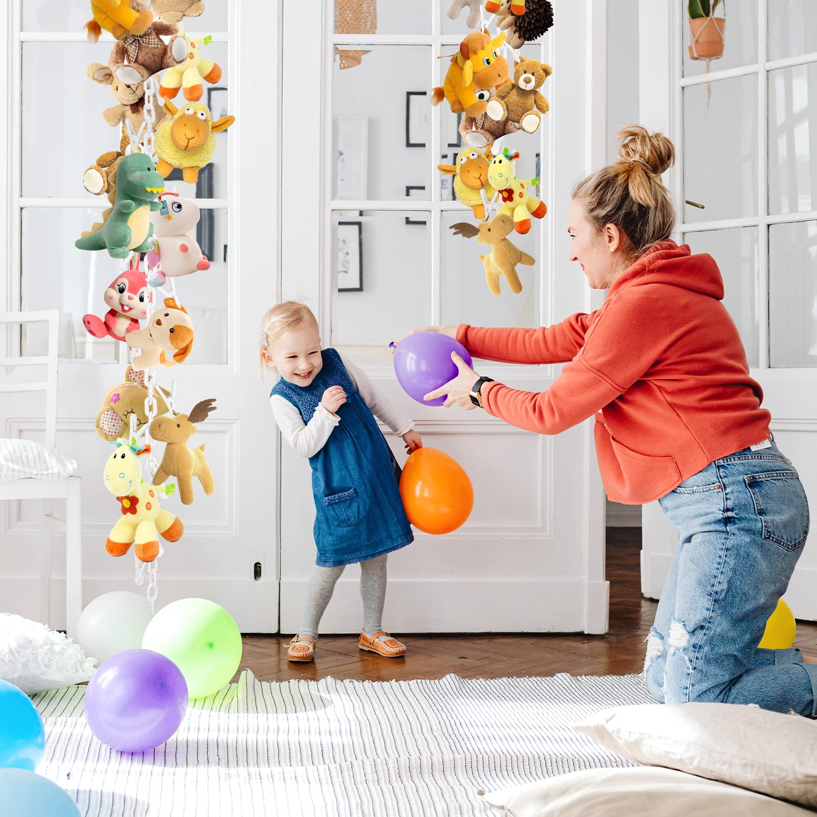 3Pcs- 6.4Ft Plastic Toy Chain Organizer Storage Chain with 60 Clips, Stuffed Animal Storage Teddy Chain with 3 Ceiling Hooks and 3 S-hooks for Hanging Plush Toys Hats Socks Cards (White)