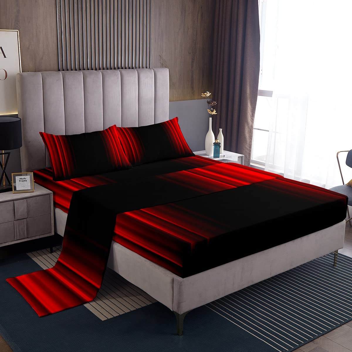 Abstract Ombre Decor Bed Sheets Kids Teens Red and Black Sheet Set Fashion Sheets Girls Boys Room Decor Twin Size,1 Flat Sheet +1 Fitted Sheet+1 Pillowcase, 3Pcs Bedding