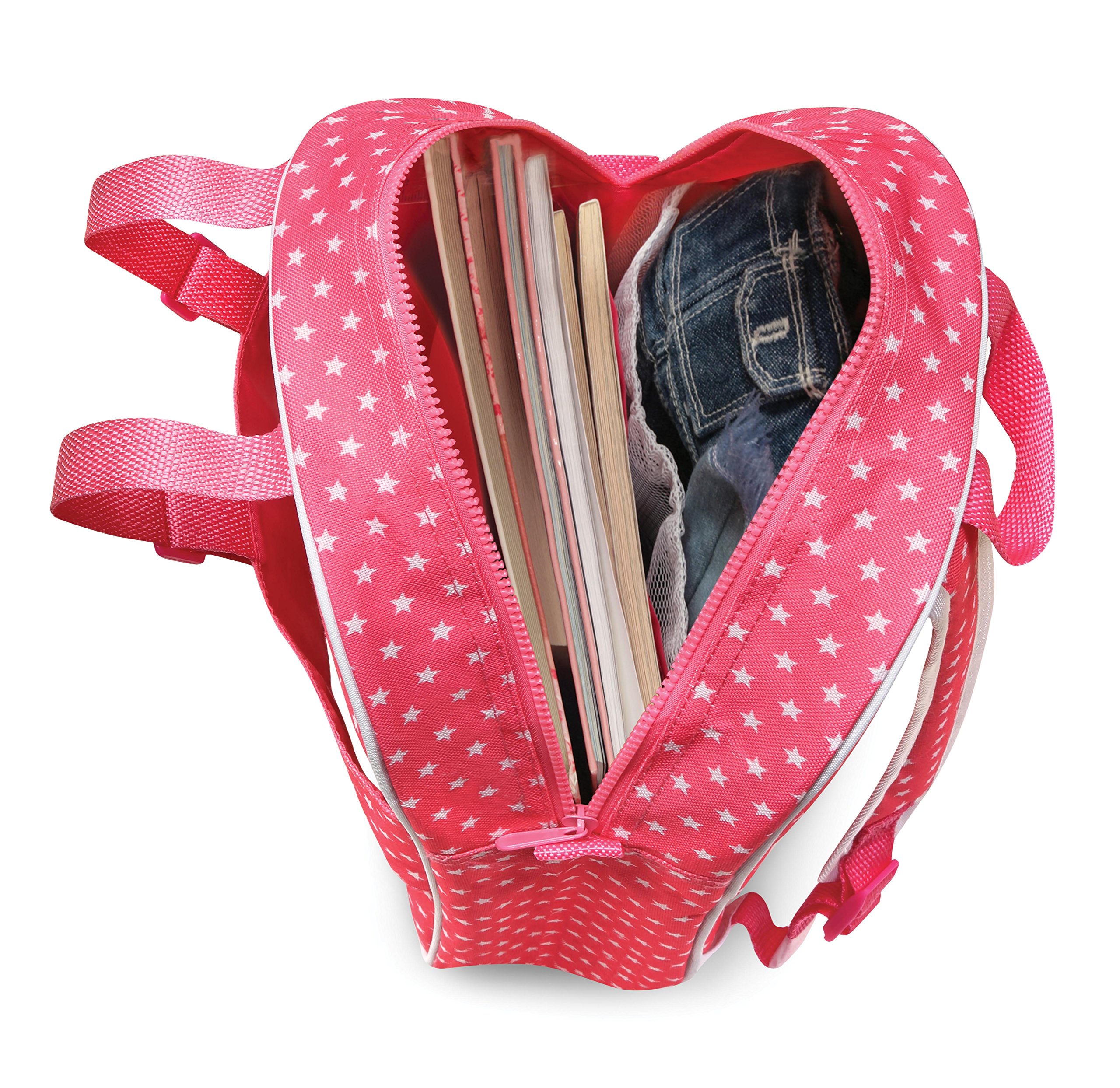 Badger Basket Delightful Doll Travel Backpack with Plush Friend Compartment – Perfect for 18-Inch Dolls with Stylish Pink Star Design