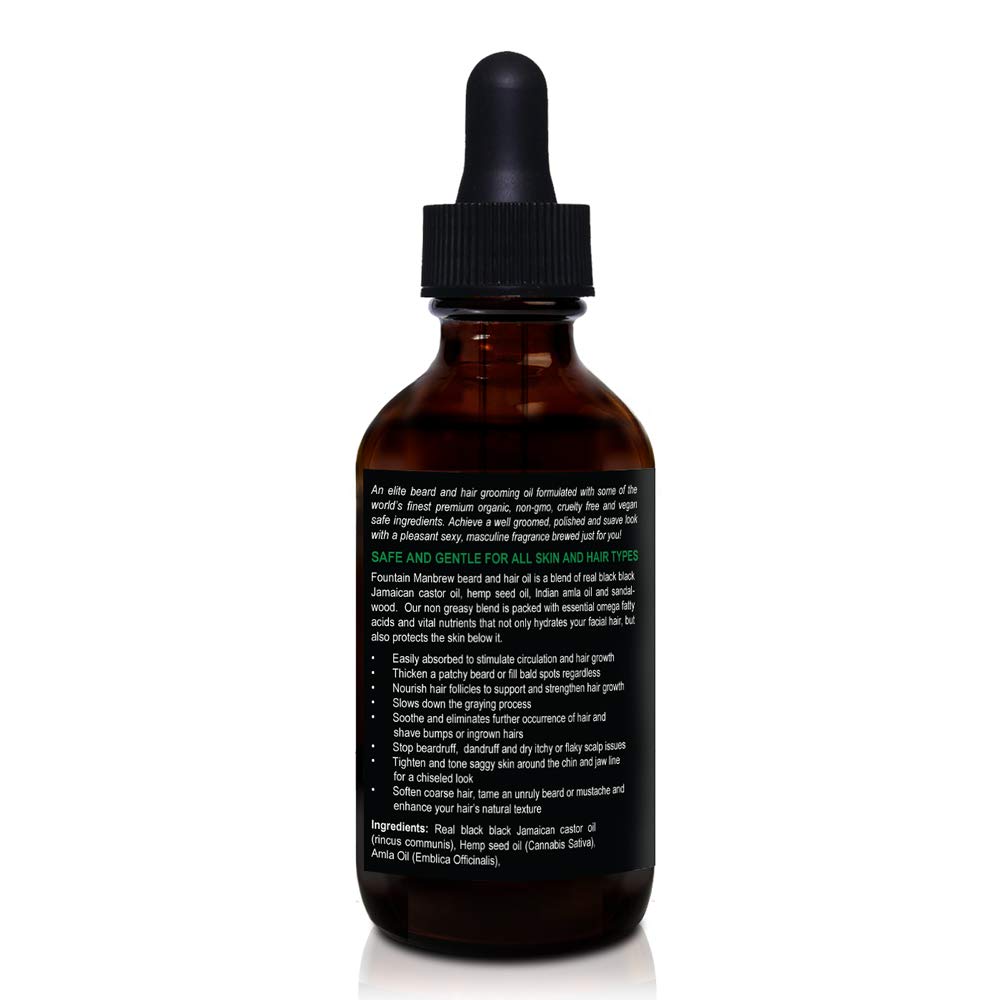 Fountain Manbrew - Beard Growth Oil For Men - Bald Spot Treatment - Mustache Grooming - Leave-In Conditioner - Beardruff - Jamaican Black Castor Oil - 5 Fl Oz