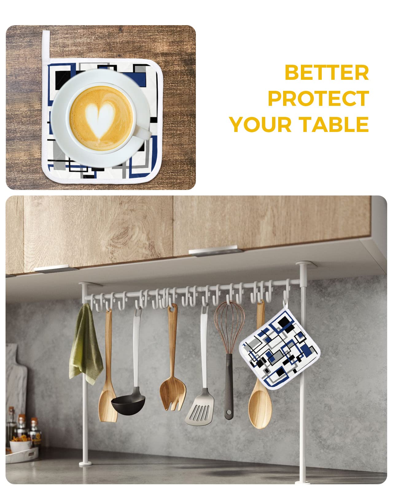 3 Pack Pot Holders for Kitchen,Nordic Royal Blue Checker Stripe Heat Proof Potholder Hot Pads Trivet,Modern Abstract Geometric Washable Coaster Potholders for Cooking Baking Grilling