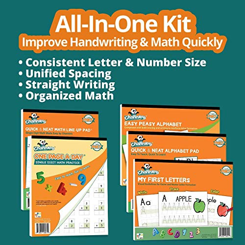 Channie’s All-In-One Visual Handwriting & Math Workbook Set for Pre-Kindergarten - 1st Grade Elementary School Students (5 Pack)