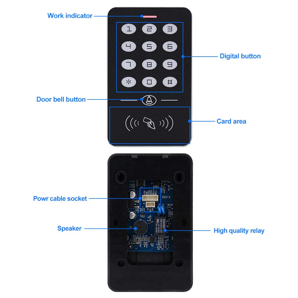 HFeng Access Control System Kit 125KHz RFID Keypad + DC12V 3A Power Supply Controller + Door Exit Button + 10pcs Keyfobs Card for Home Alarm Wooden/Metal/Glass Door
