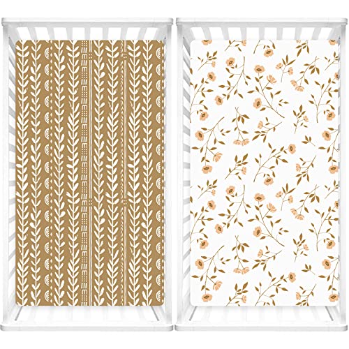 2 Pack Fitted Crib Sheets and Changing Pad Covers for Girl, Soft and Comfortable, Retro Brown Flower