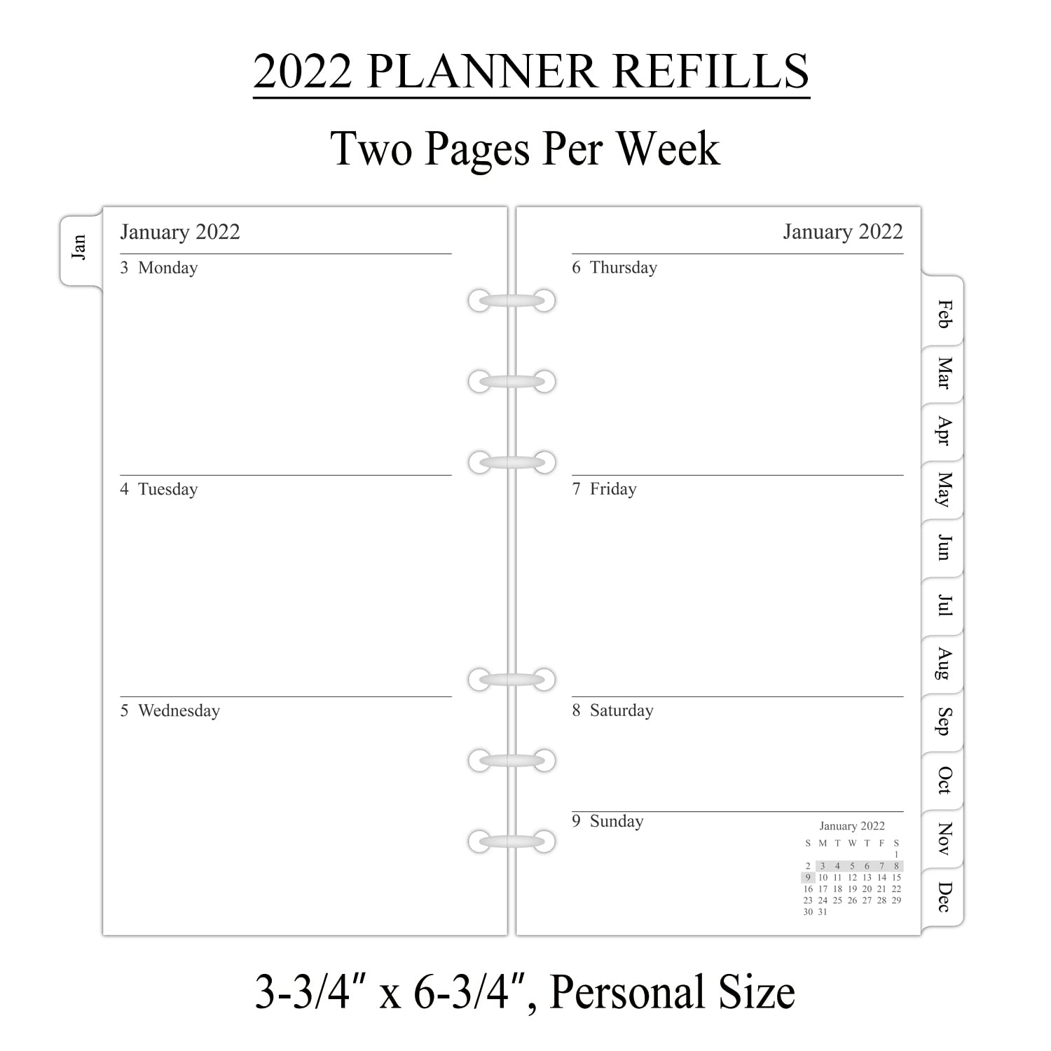2022 Weekly & Monthly Planner Refill, 3-3/4" x 6-3/4", from January 2022 to December 2022, Personal Size/Size 3