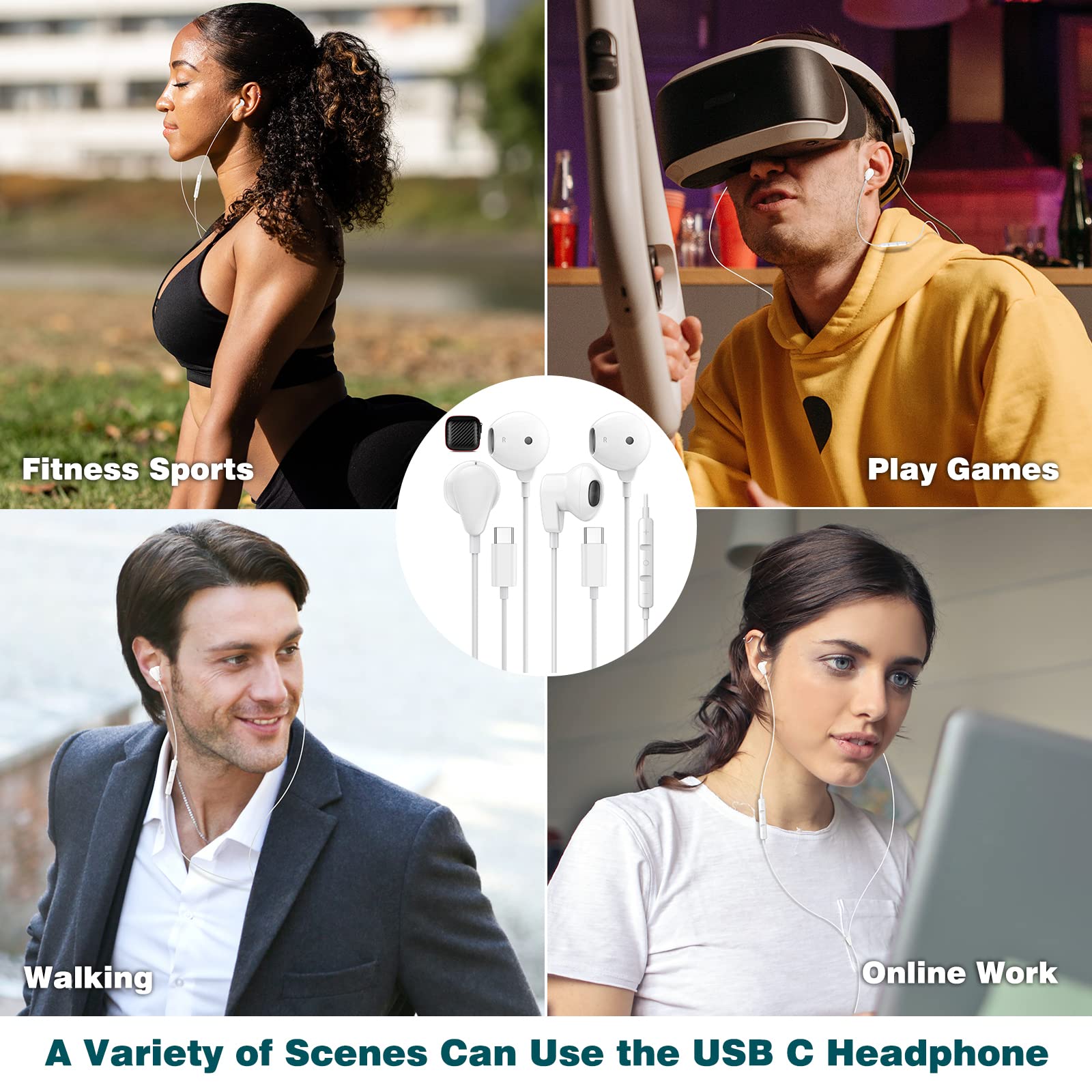 HGCXING USB C Headphone for iPhone 16 15 Pro Max Samsung S25 Ultra S24 FE Galaxy Tab S10+, HiFi Stereo Type C Earphone with Microphone, Wired Earbuds with Volume Control for iPad 10 Google Pixel 9 Pro