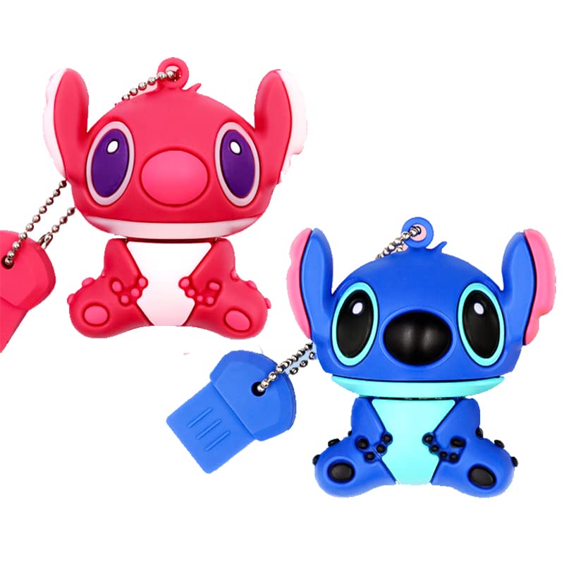 2 Pack Novelty Stitch Shape Design 64GB USB 2.0 Flash Drive Cute Memory Stick Stitch Thumb Drive Data Storage Pendrive Cartoon Jump Drive Gift (2 Colors: Blue Pink)
