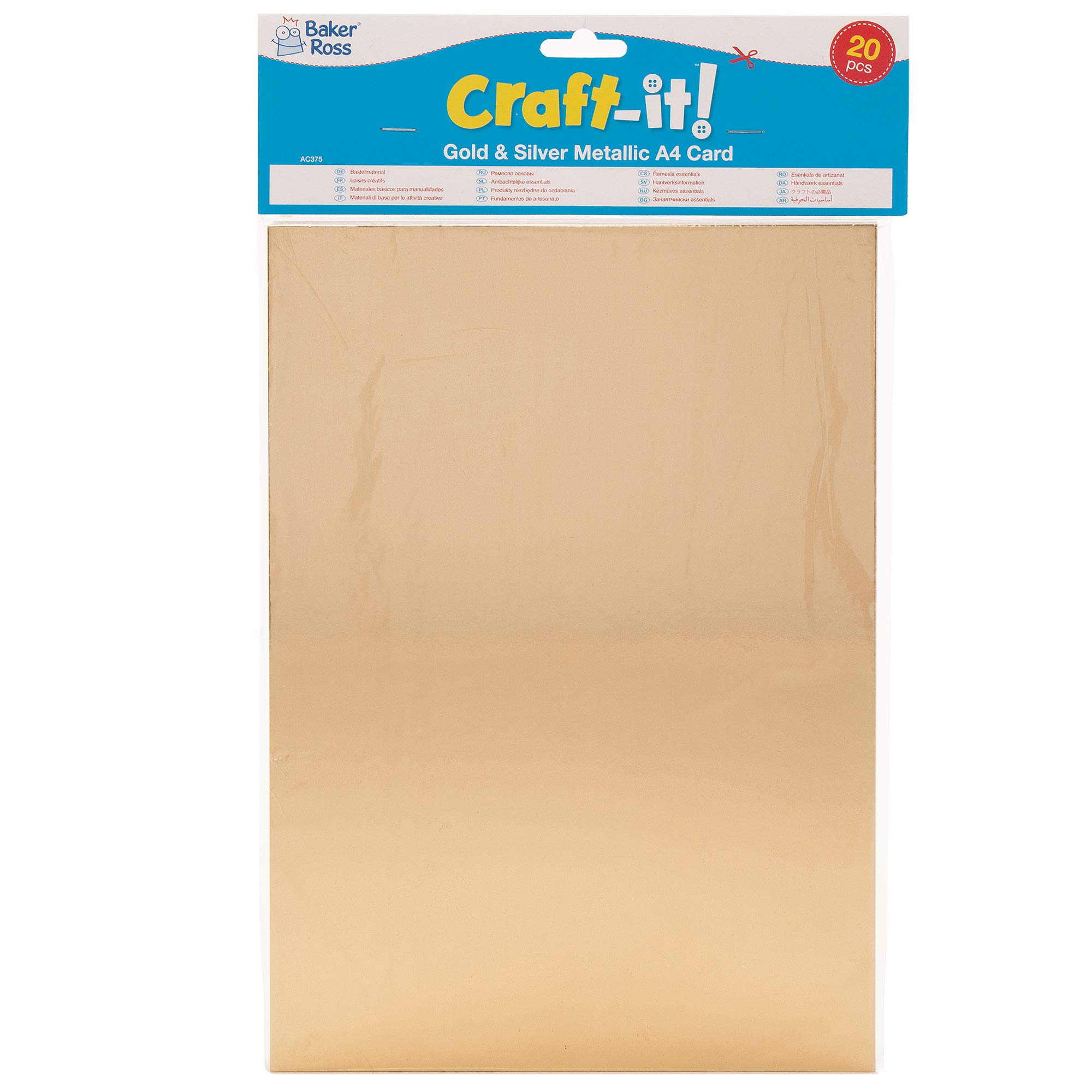 Baker Ross - AC375 A4 Gold & Silver Metallic Card (250 gsm) — Creative Art Supplies for Kids, Christmas Crafts, Card Making, and Decorations (Pack of 20)