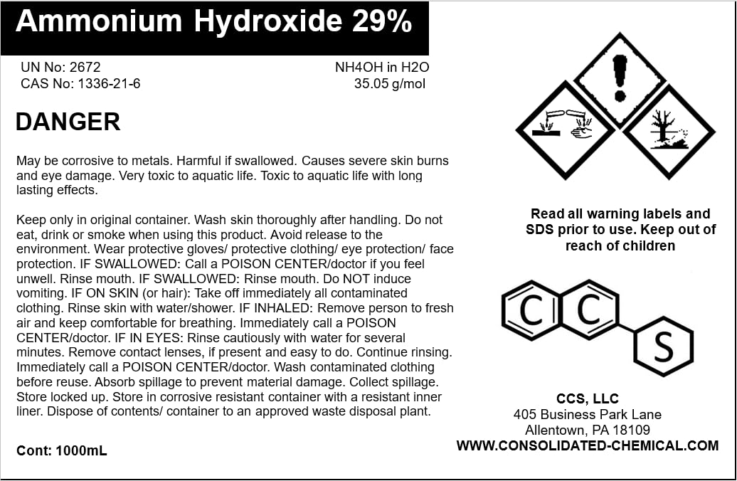 Ammonium Hydroxide 29% High Purity - New Tamper-Evident Sealed Bottles - 1000mL (32 Fl Oz)