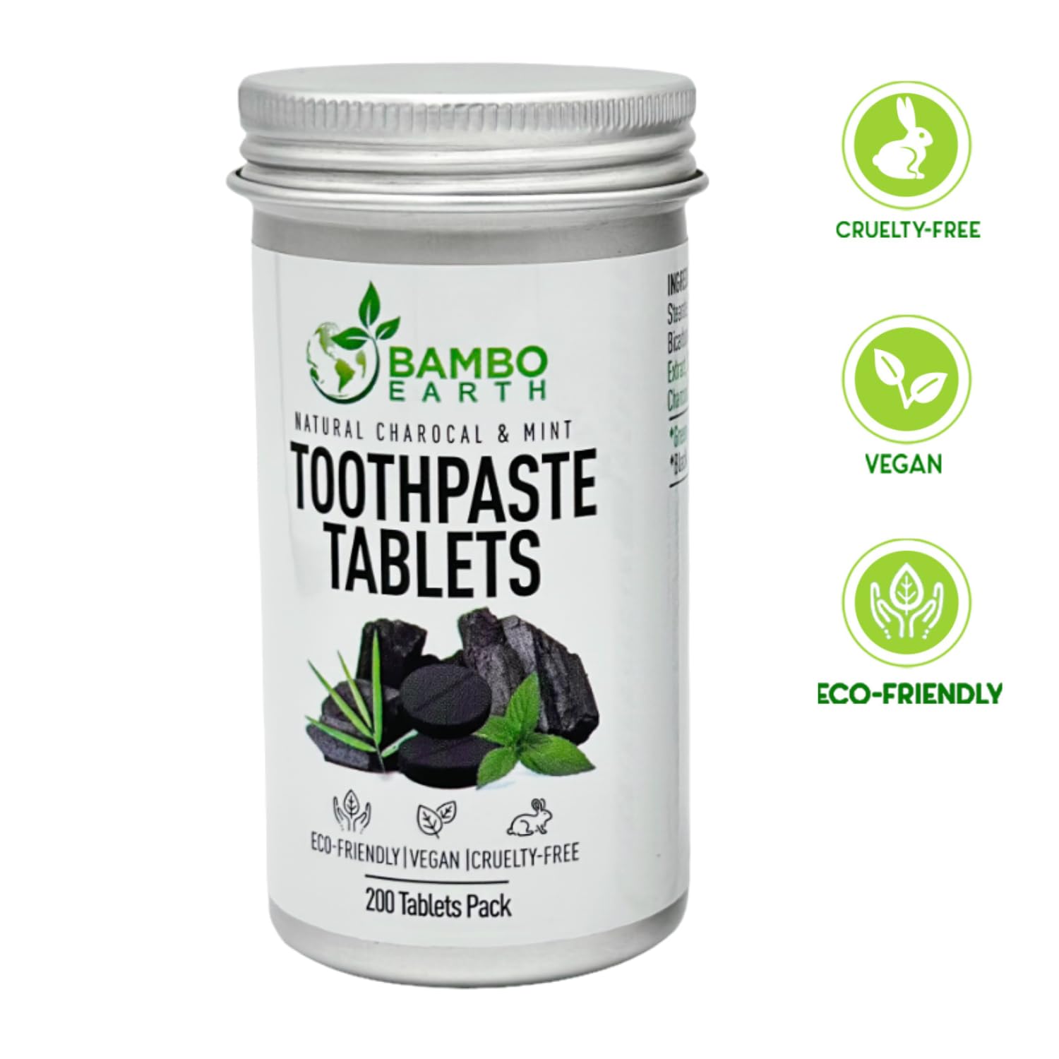 200 Pack Natural Toothpaste Tablet Bits - Chewable Mouthwash Whitening Burts Bees Bite Tablets For Teeth SLS & Fluoride Free Eco & Travel Friendly With Zero Waste Packaging - Mint & Activated Charcoal