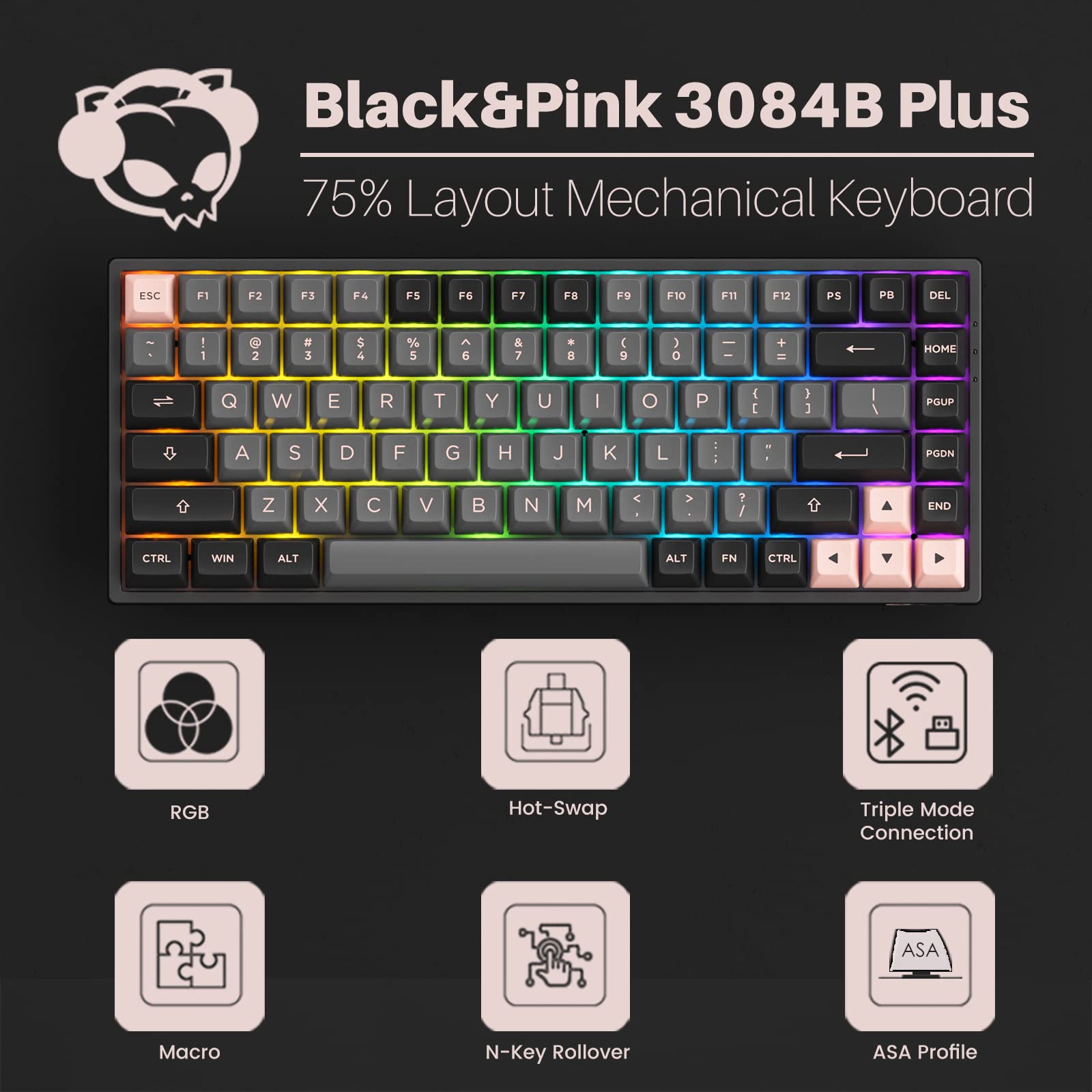 Akko Black&Pink 75% Hot-swappable Mechanical Gaming Keyboard with PBT Keycaps, 2.4G Wireless/Bluetooth/Wired 3084B Plus 84-Key RGB Keyboard, Compatible with Mac & Win Jelly Purple Switches