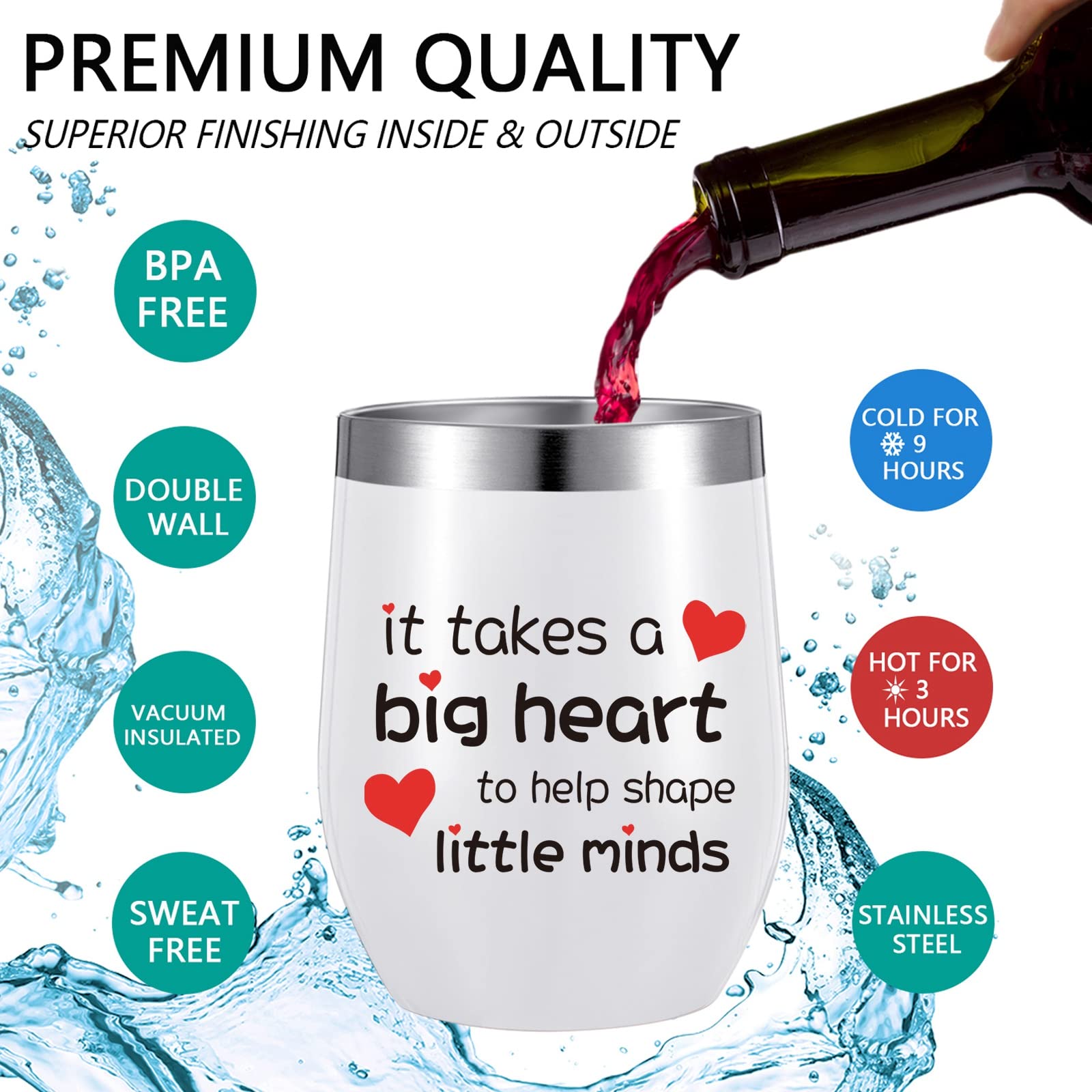 2 Pack Funny Teacher Appreciation Present, It Takes a Big Heart to Shape Little Minds, 12oz Double Wall Vacuum Teacher Cup with Lid Straw, Wine Glasses for Teacher (White and Black Words)
