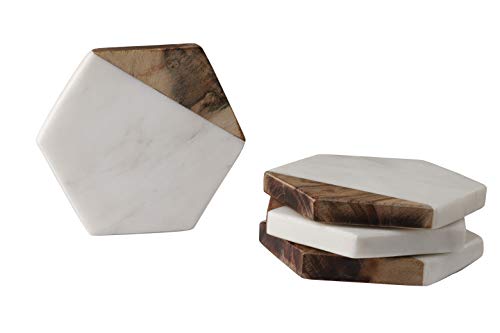 GoCraft Marble & Wood Coasters | Handcrafted Geometric White Marble Coasters with Mango Wood for Your Drinks, Beverages & Wine/Bar Glasses (Set of 4)