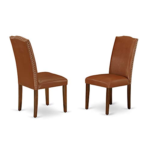 East West Furniture ANEN3-MAH-66 3Pc Rounded 36 Inch Dining Table And 2 Parson Chair With Mahogany Leg And Brown Flaux Leather, 3