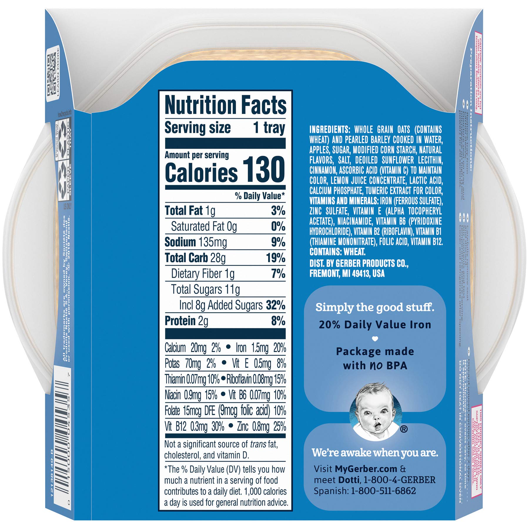 Gerber Breakfast Buddies Toddler Cereal, Oatmeal & Barley Apple Cinnamon Cereal, Non-GMO Whole Grain Oats & Real Fruit, Made for Toddlers, 4.5 OZ Tray (Pack of 4)