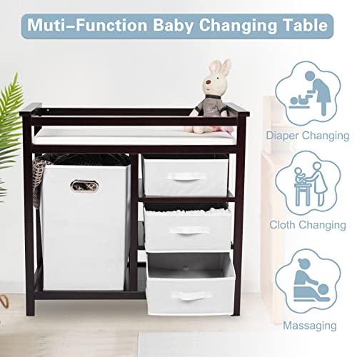 Baby Changing Table - Changing Station with Laundry Hamper, 3 Storage Baskets, and Pad, Multi Storage Nursery Changing Table for Infants or Babies (Dark Brown)