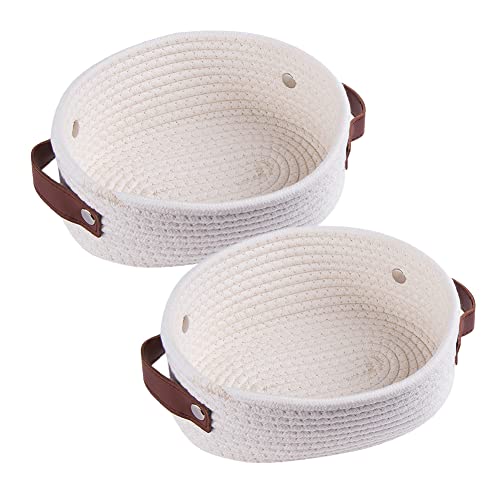 Small Basket for Organizing Small Cotton Rope Woven Storage Bins Dog Toy Bin Mini Rope Basket Small Organizer Bins Little Basket with Handle for Kids Baby Cloth Christmas Gift Empty, XS White 2 Pack