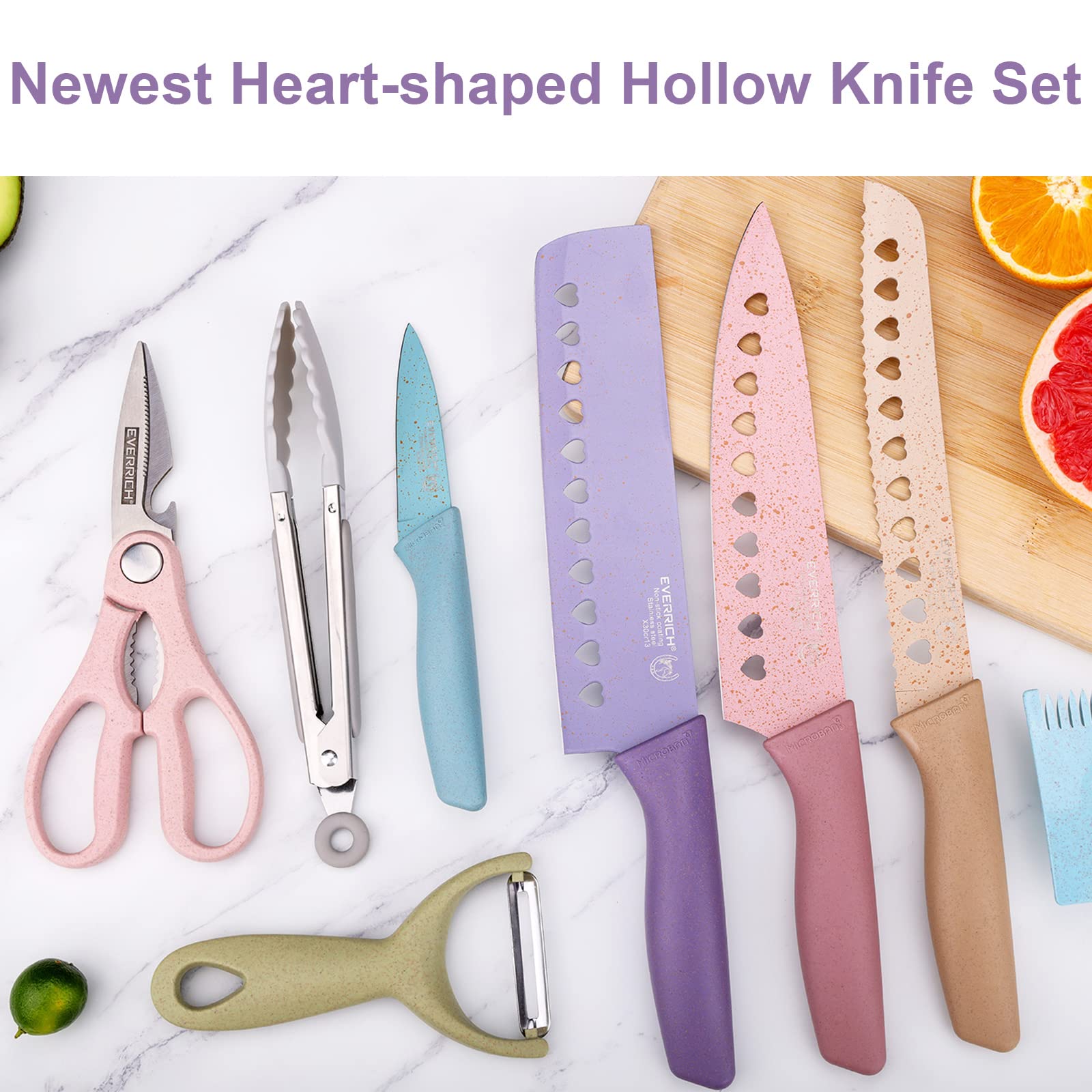 Cloverpeia 8 PCS Knife Set, Professional Chef's Colorful Kitchen Knife Set, Newest Heart-shaped Hollow Non-Stick Multifunctional Knives Set