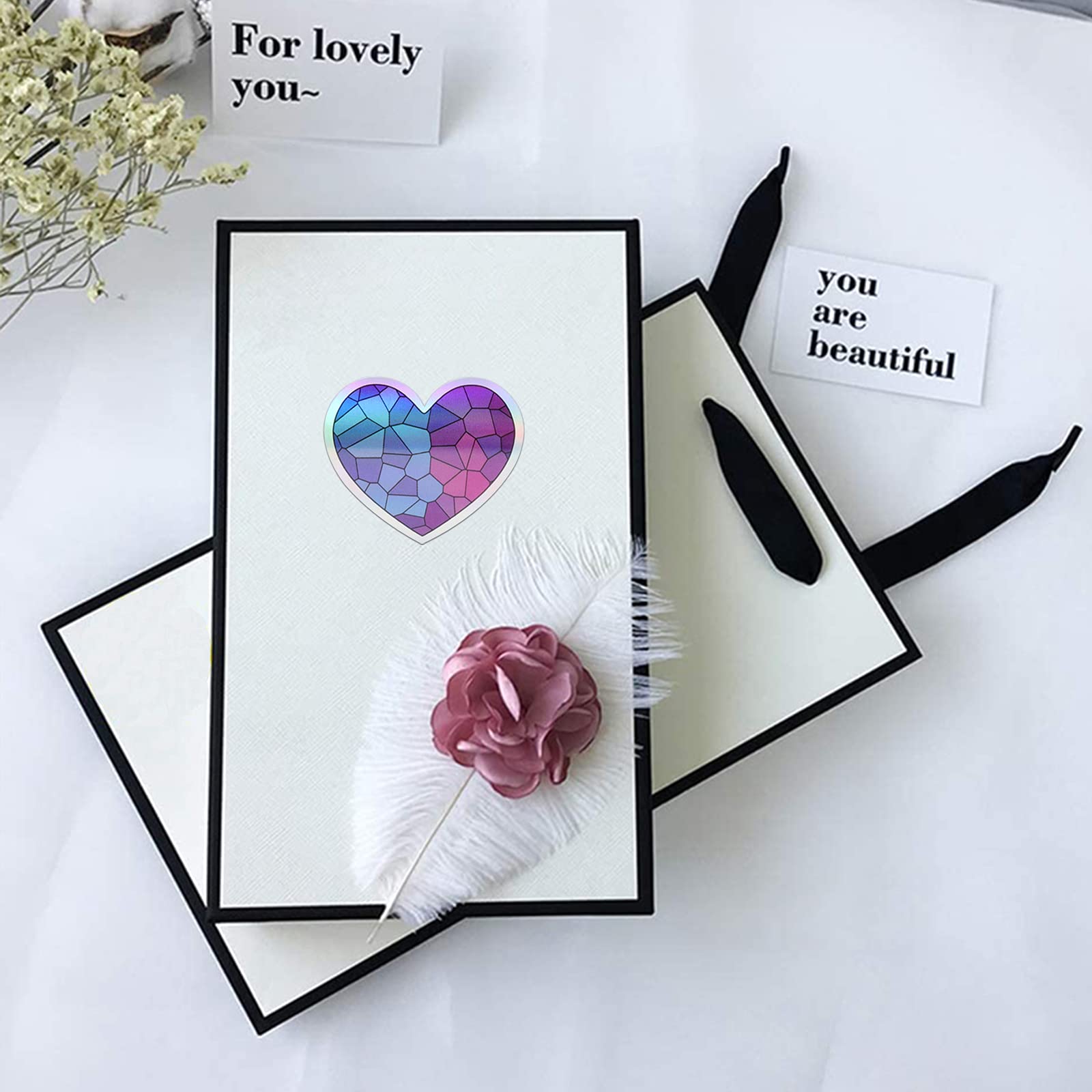 Mercei Heart Stickers with Stained Glass Background and Silver Holographic Frame, 1.5 inch Small Heart Shaped Adhensive Sticker Labels in a Roll, Decorative or Seal in Business and Personal Package