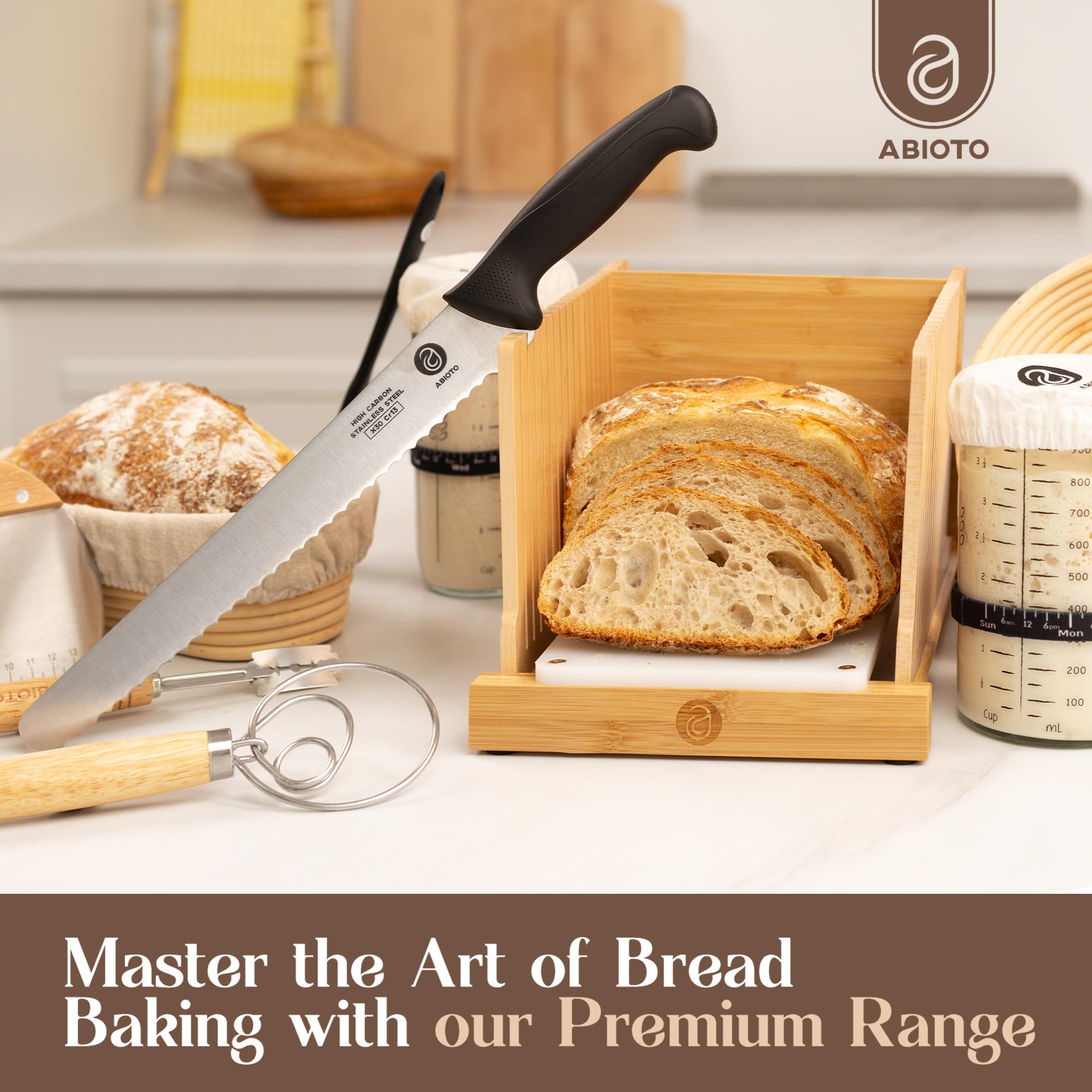 ABIOTO Serrated Bread Knife for Homemade Bread - Perfect 11-Inch Sourdough Bread Knife Made of High Carbon Stainless Steel X30 Cr13 with One-Sided Sharp Serrations and Ergonomic Handle