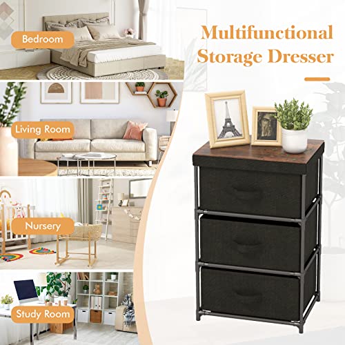Giantex Nightstand with 3 Fabric Drawers, 24.5" Tall Bedside Table with Removable Lid for Bedroom, Study, Storage Dresser Organizer, Easy Assembly, Black and Rustic Brown