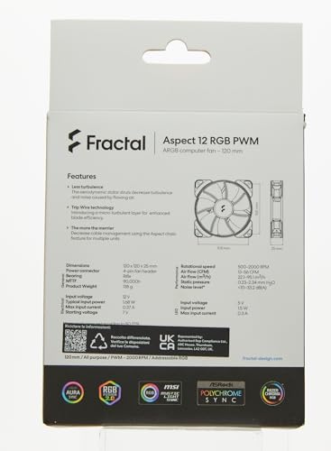 Fractal Design Aspect 12 RGB 120 mm PWM Wide 500-2000 RPM Range Black Frame Computer Fan