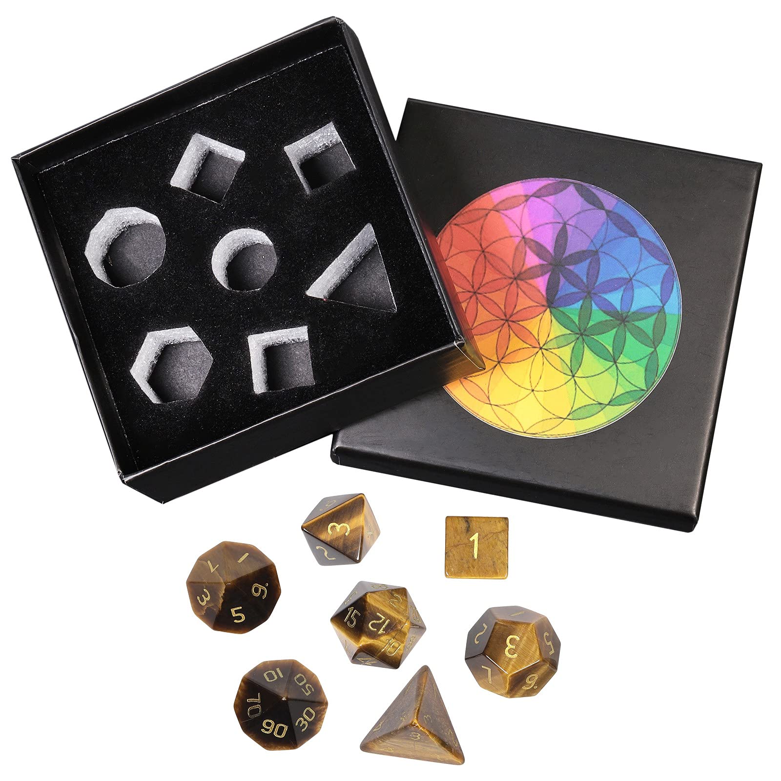 Amogeeli 7pcs Hand-Carved Crystal DND Dice Set, Stone Polyhedral Rolling Dice Kit for RPG MTG COC Table Game, Tiger' s Eye Stone