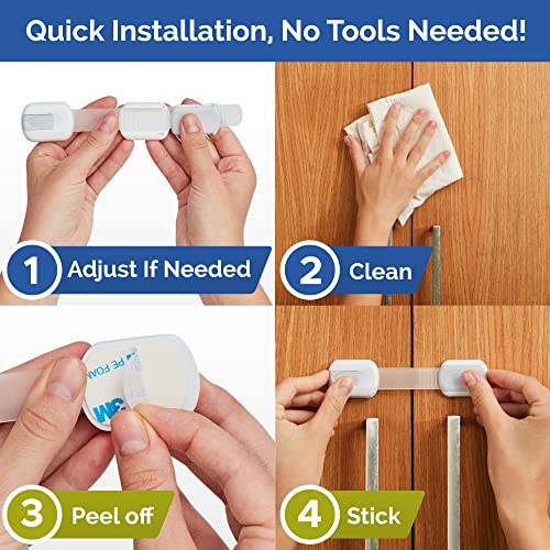Child Safety Strap Locks (4-Pack) Baby Locks for Cabinets and Drawers, Toilet, Fridge & More. 3M Adhesive Pads. Easy Installation. (White/Gray)