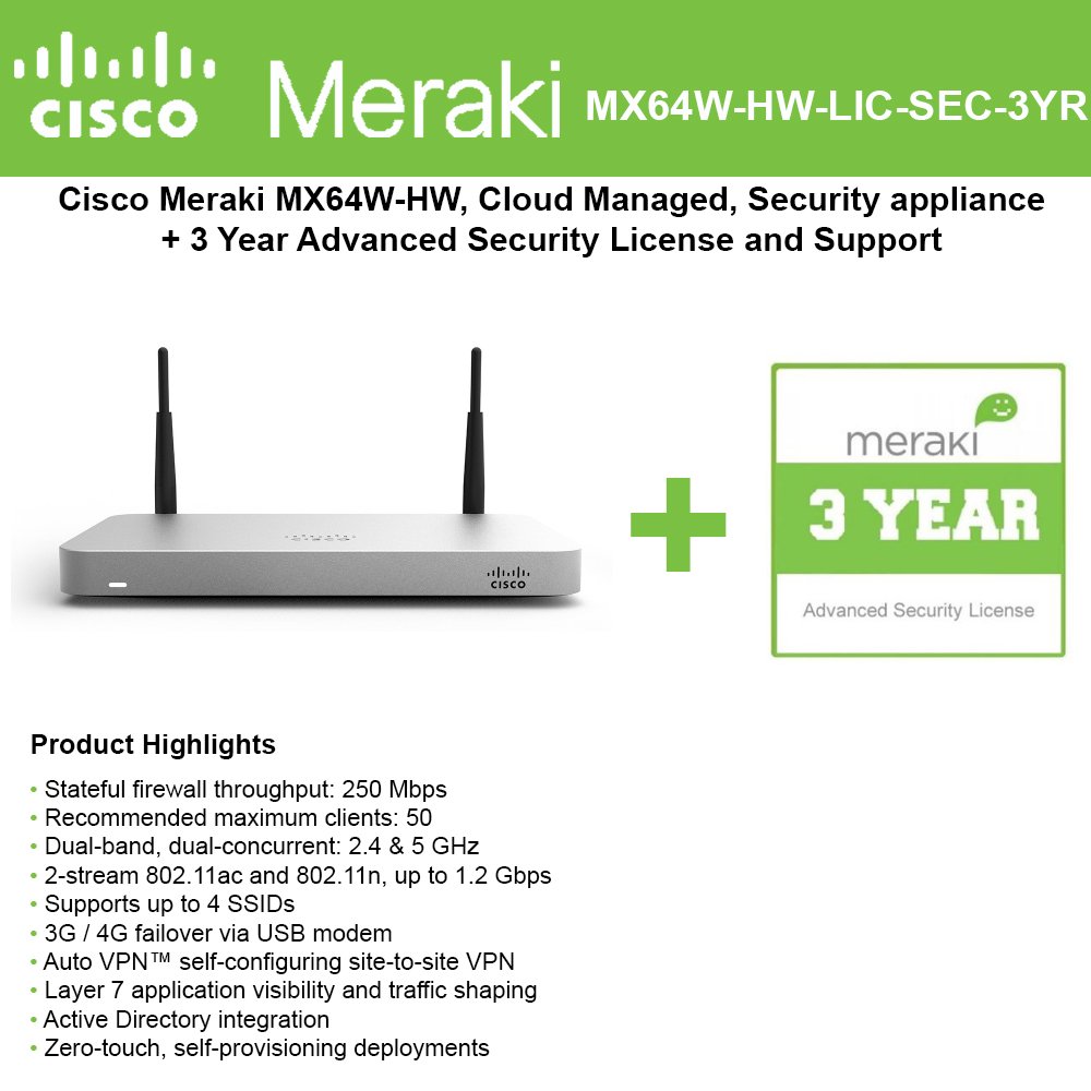 Cisco Meraki MX64W Wireless Firewall Security Bundle, 200Mbps FW, 5xGbE Ports - Includes 3 Years Advanced Security License