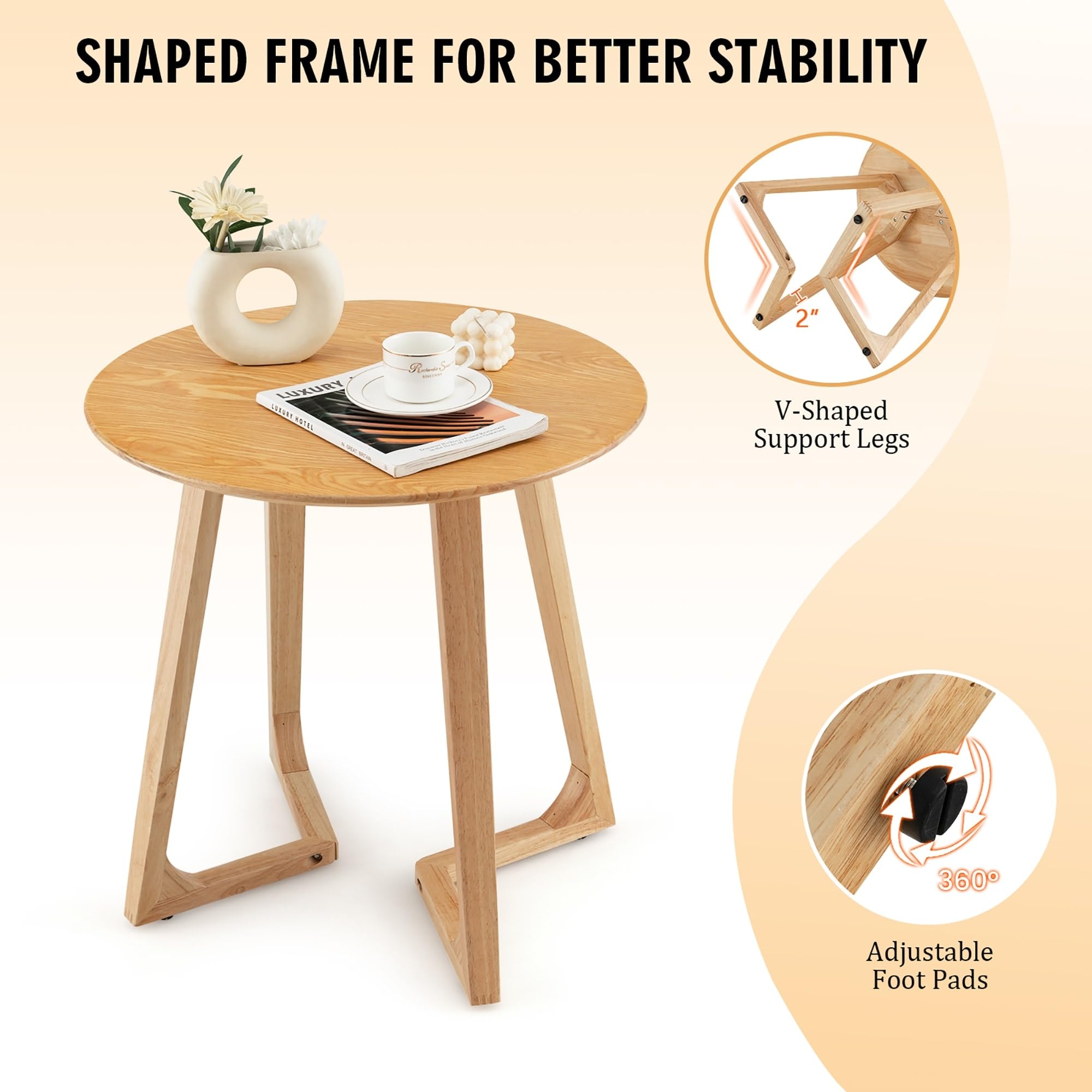 24'' Round Side Table Solid Rubber Wood End Beside Sofa Bed Natural Modern Contemporary Antique