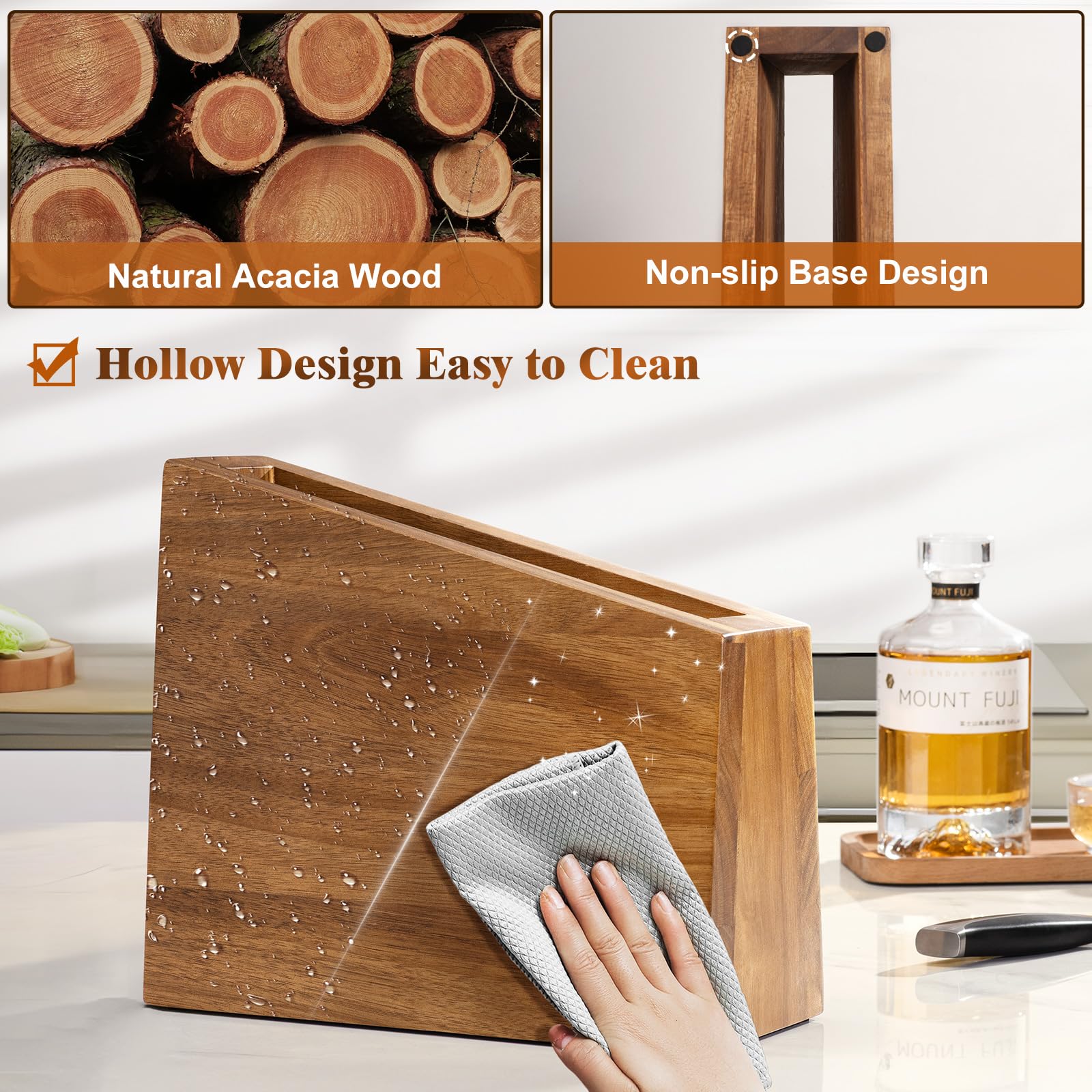 Acacomft Large Magnetic Knife Block 11.8x10 inches, 4-Side Universal Knife Holder Builted in Powerful Magnet, Natural Acacia Wood Knife Storage Organizer for Kitchen Display