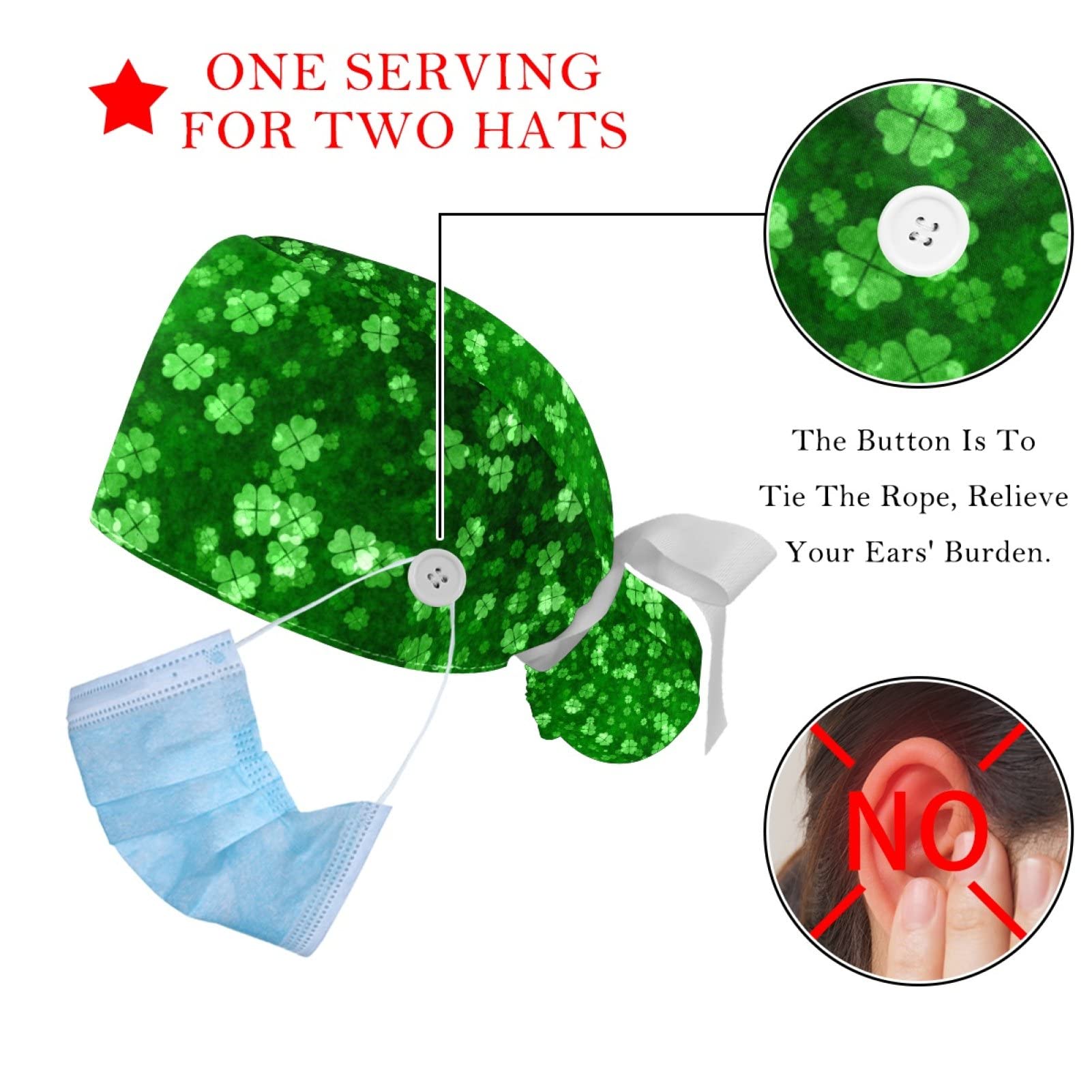 2 Pcs Working Cap with Button Sweatband, Green Clover Leaf Scrub Hats Ponytail Holder for Women Long Hair