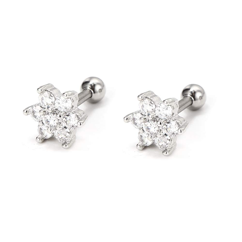 2PCS Stud Earrings 16G 316L Surgical Steel CZ Flower Cartilage Earrings Stud Piercing Helix Cartilage Conch Tragus Lobes Studs Hypoallergenic Earrings for Women (H:Silver CZ Flower)