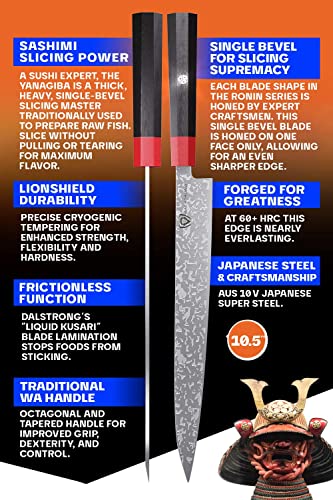 Dalstrong Ronin Series Japanese AUS-10V Damascus Steel Yanagiba Sushi Kitchen Knife with Red & Black G10 Handle, 10.5 Inches, Sheath Included