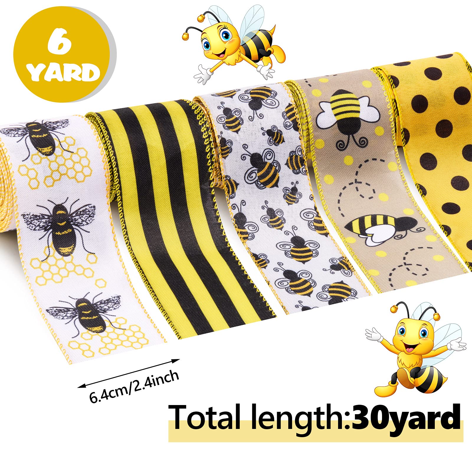 32 Yard Bumble Bee Wired Edge Ribbon Polka Dot/Stripe/Plaid Wired Edge Ribbon Vertical Stripe Craft Ribbon Bumble Bee Ribbon Home Decor-5 Rolls for Wrapping, Easter Party Decoration, Hair Bows