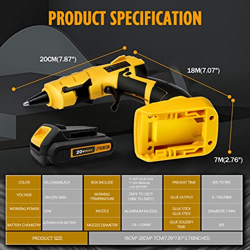 2AH Battery Cordless Hot Glue Gun for Dewalt, Suitable for Dewalt 18V Max Lithium-ion Battery, for Arts & DIY & Repairs, 30s Quick Preheat Hot Melt Glue Gun with 30 Pcs Glue Sticks(7 * 150mm)