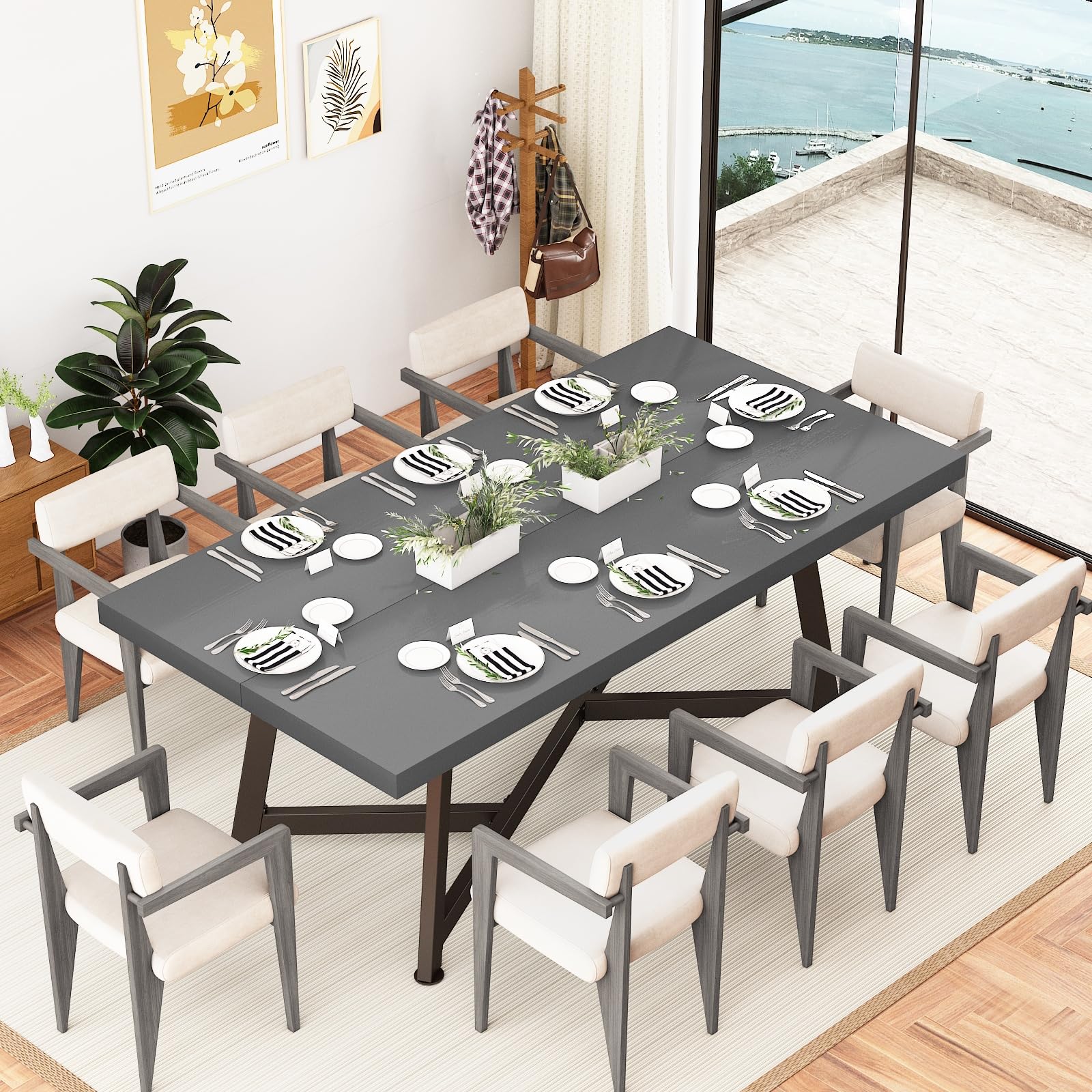 2024 New Large 72IN Solid Wood Dining Table for 6 8 10 People,Modern 6FT Waterproof Rectangular Kitchen Tables w/Anti-Rust&Adjustable Metal Leg,Grey Industrial Desk for Dining Room Farmhouse Office