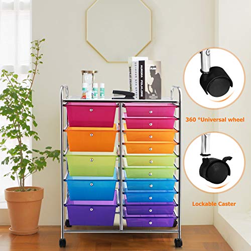 HAPPYGRILL 15 Drawer Storage Drawer Cart Organizer Cart Tools Office School Utility Cart Paper Organizer Rolling Storage Cart with Wheels