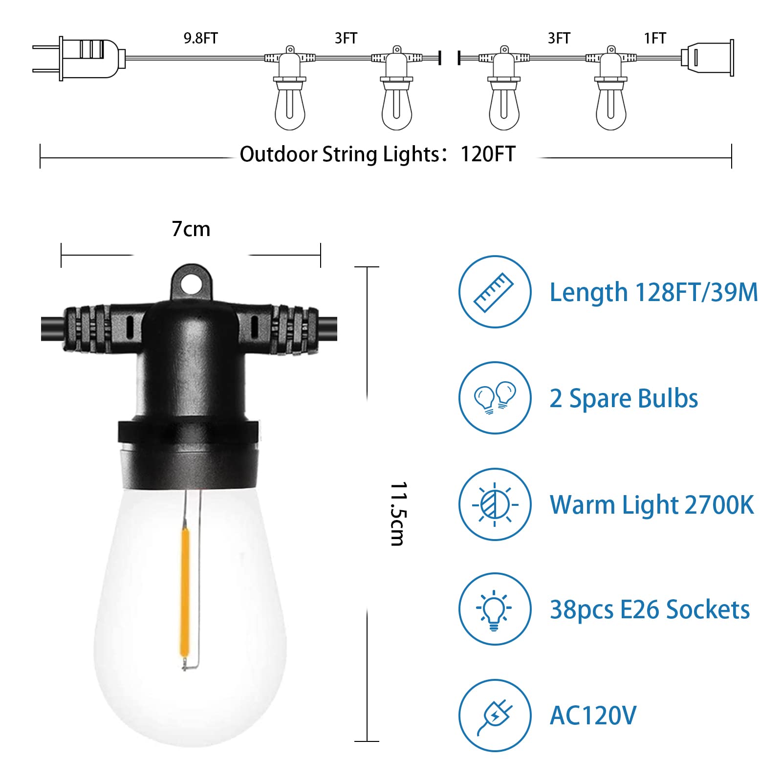 ANTING 120FT Outdoor String Lights with 38+2 Shatterproof Plastic Bulbs,38×E26 Sockets,Patio Lights LED Commercial Grade Weatherproof String Lights for Patio Garden Porch Backyard,2700K Warm White