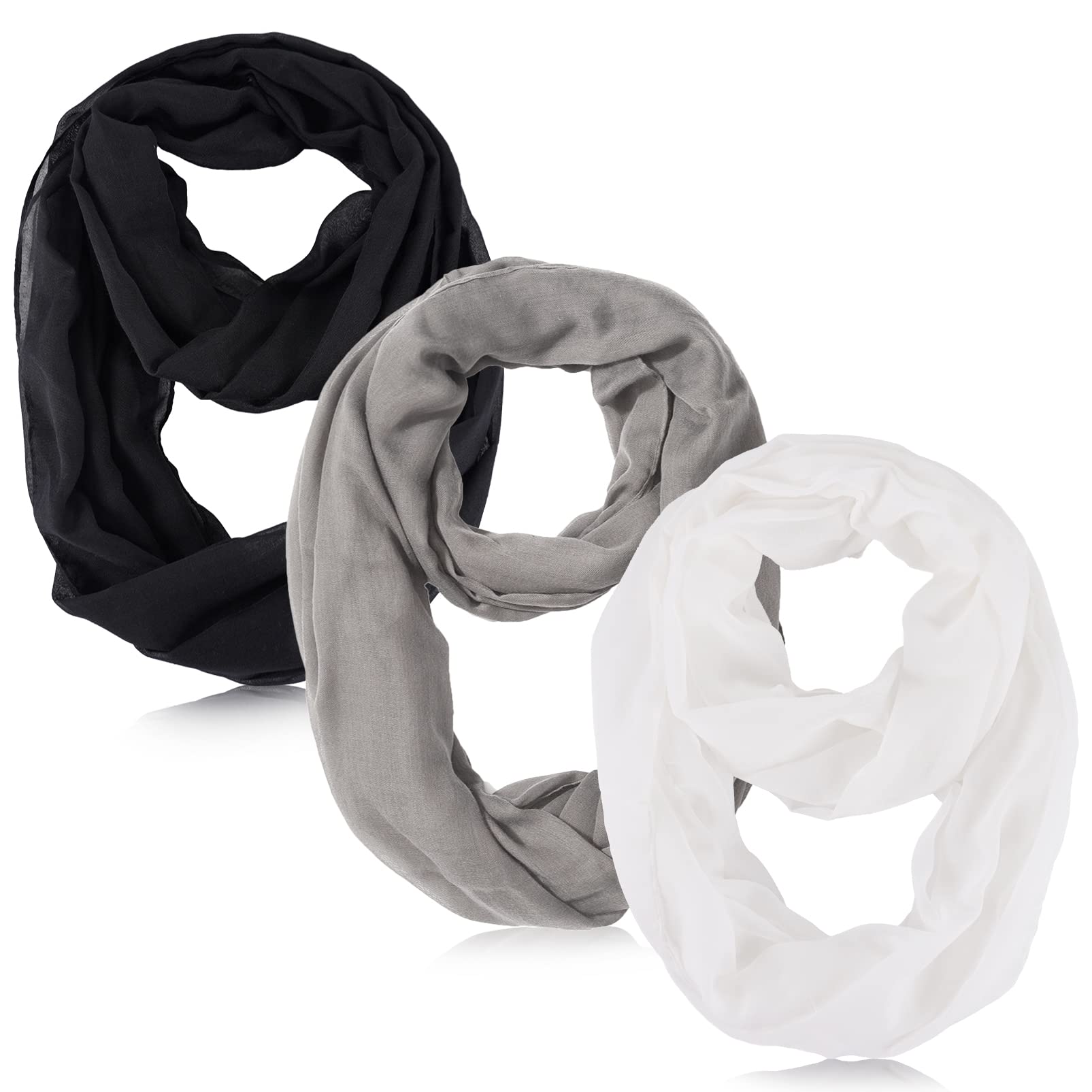 3 Packs Lightweight Plain Infinity Scarf or Oblong Scarf For Women Scarf Shawl Wrap,Black, White, Grey, One Size