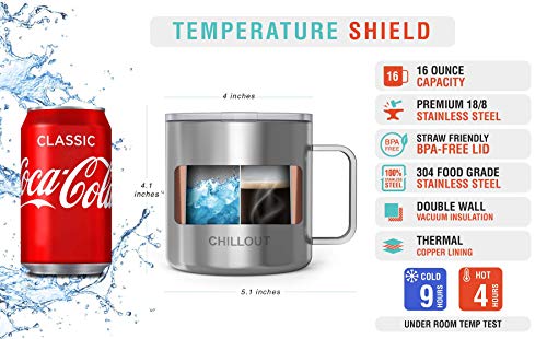 CHILLOUT LIFE Stainless Steel 16 oz Vacuum Insulated Coffee Mug with Handle and Lid, Large Thermal Camping Coffee Mug Cup with Durable Sliding Lid for Men & Women, Keeps your Beverages Hot & Cold