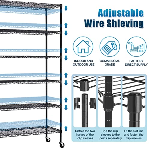 Dkelincs 6 Tier Wire Shelving Unit with Wheels 48" X 18" X 76" Metal Storage Shelves Height Adjustable NSF Heavy Duty Commercial Grade Garage Shelf Rack for Kitchen Basement Restaurant,Black