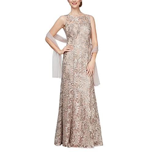 Alex Evenings Women's Petite Long Sleeveless Dress with Shawl, Champagne, 8P