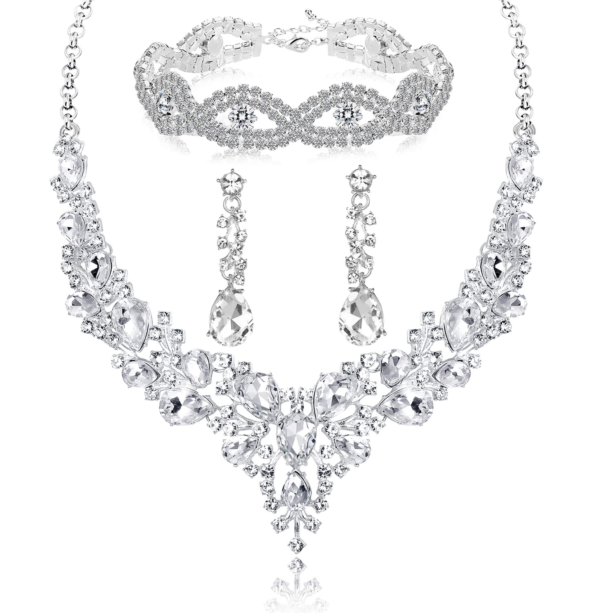 ABDOT Rhinestone Bridal Jewelry Sets for Women Crystal Necklace Earrings Bracelet Set Silver-Tone Wedding Bridal Bridesmaid Gifts fit with Wedding Dress
