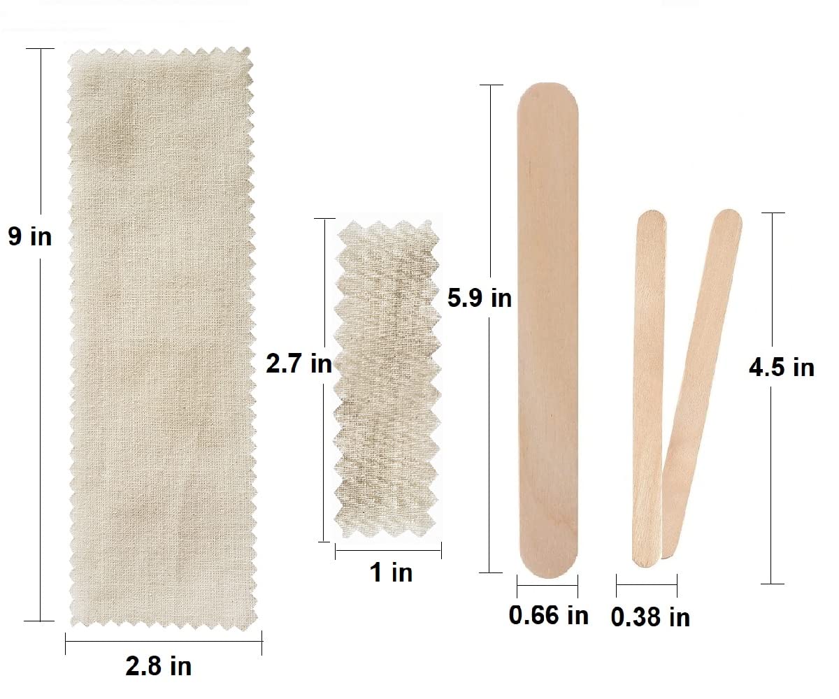 Spa Slender Unbleached Cotton Muslin Hair Removal Wax Strips Multi Size Combo Kit β 100 Large and 100 Petite Muslin Waxing Strips, 200 Wooden Wax Applicator Sticks for Full-Body Hair Removal