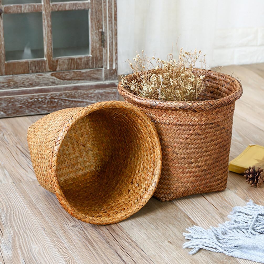 ABOOFAN Wicker Waste Basket Straw Woven Trash Can Rustic Garbage Container Bin Flower Basket for Bathroom Kitchen Home Office M