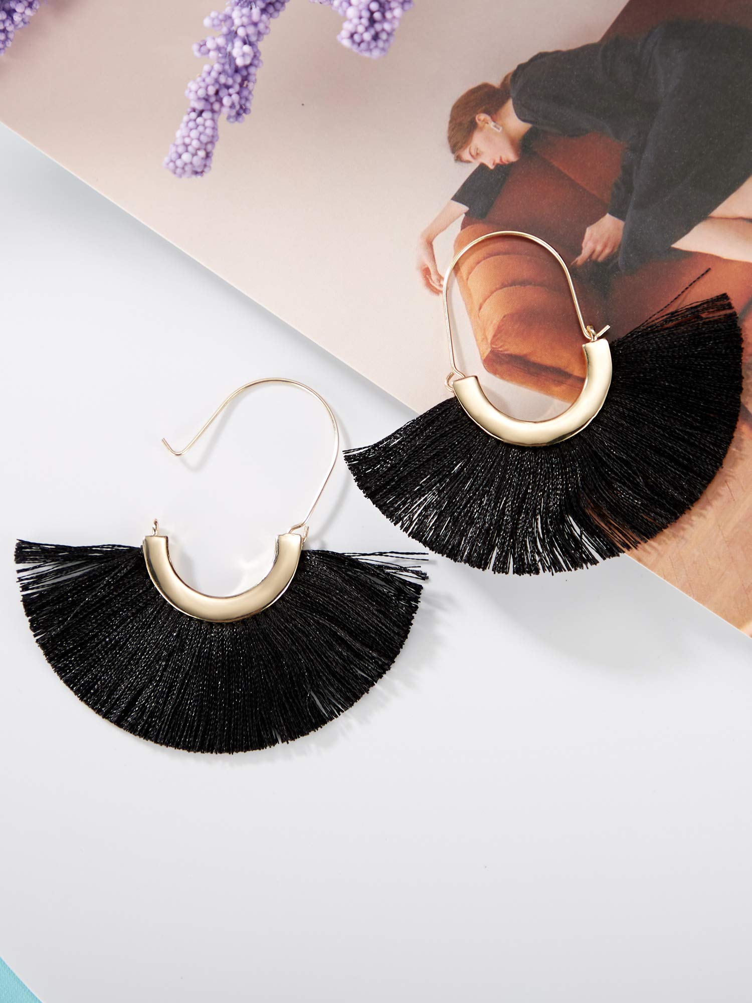 3 Pairs Fan Tassel Earrings for Women Fringe Earrings Semi Circle Fan Silky Threader Dangles Hoops