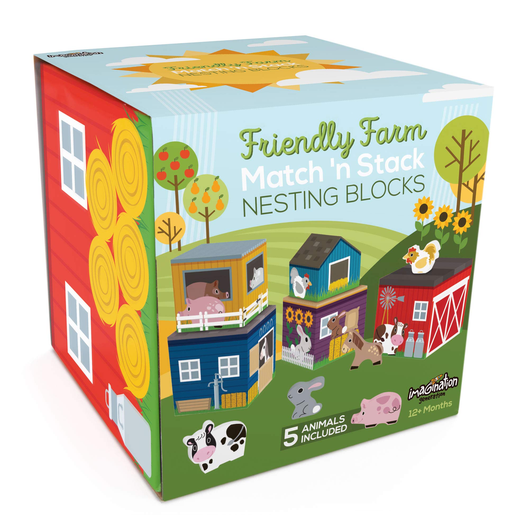 Friendly Farm Match 'n Stack Nesting Blocks | 5 Barnyard Pals & Stackable Home Boxes | Wooden Animals Fit into Colorful Cube Shapes | Includes Chicken, Cow, Pig, Horse, and Rabbit | Classic Kids Toy